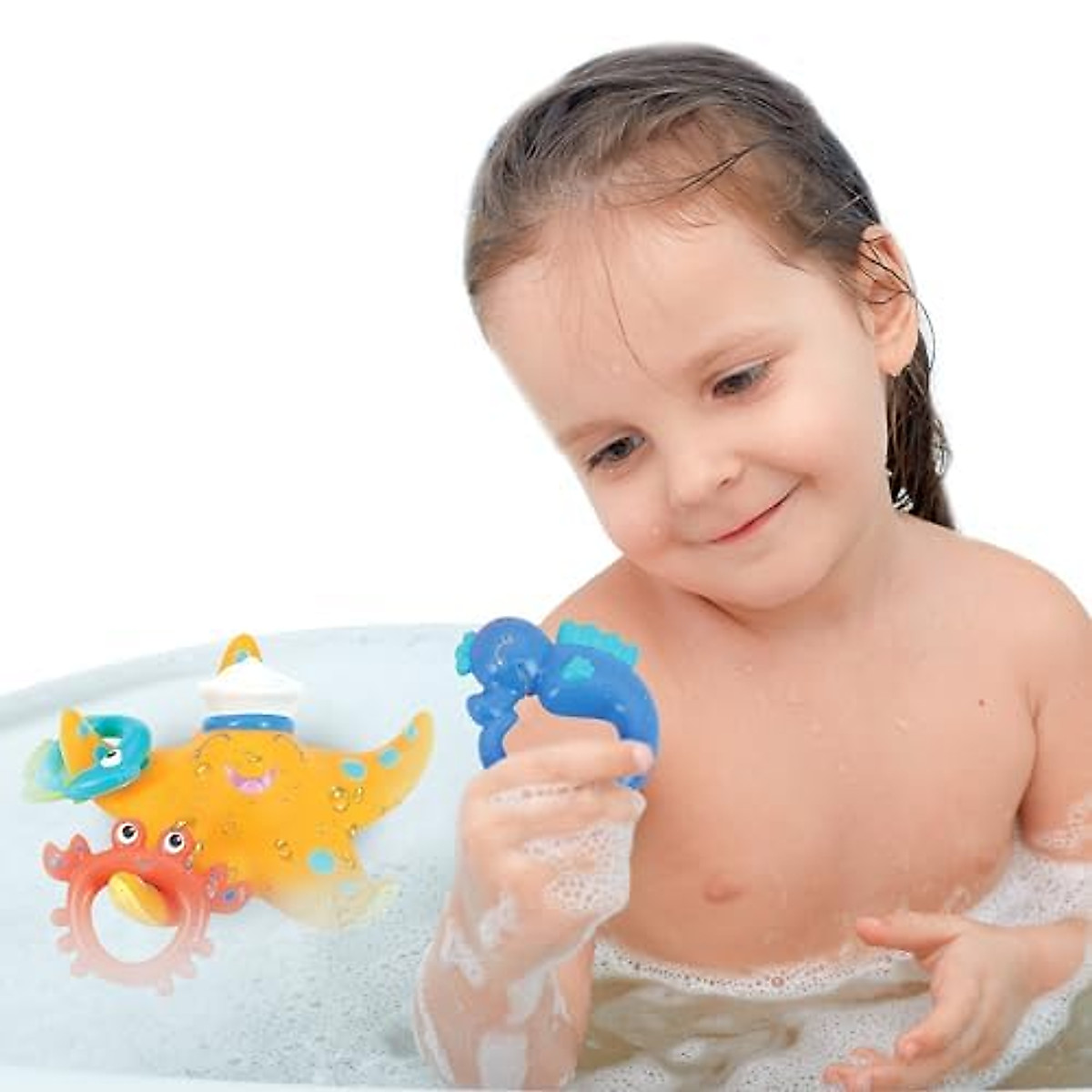 Nuby Starfish Ring Toss Bath Toy, Includes 3 Toss Rings (Crabfish, Tropical Fish and Seahorse)