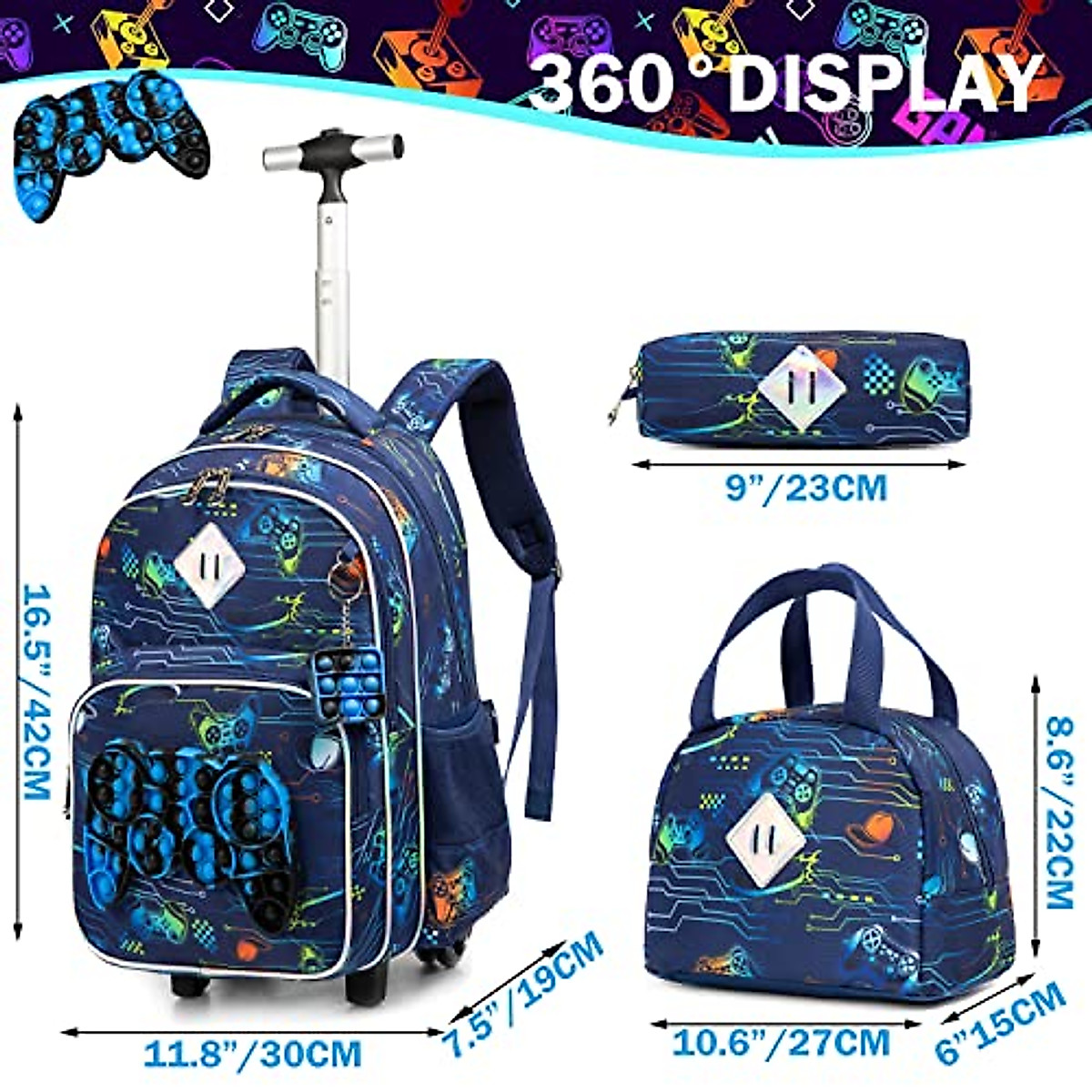 Meetbelify Rolling Backpack for Boys with Wheels Kids Travel Suitcase Laptop Luggage with Lunch Box Set for Boys Age 6-8