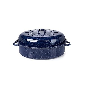 IMUSA USA 18" Traditional Vintage Style Blue Speckled Enamel on Steel Covered Oval Roaster