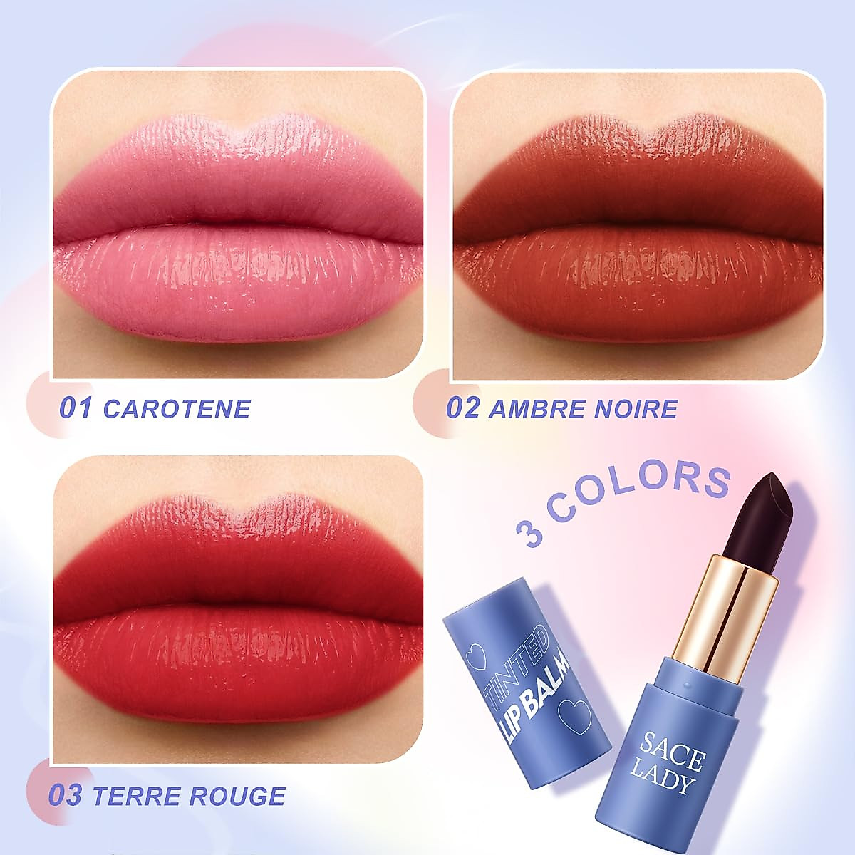 SACE LADY 3 Colors Moisturized Tinted Lip Balm Set, SACE LADY Long Lasting Color Changing Lipstick Kit for Dry Lips, Hydrating Waterproof Lip Make Up, 3Pcs*0.14Oz