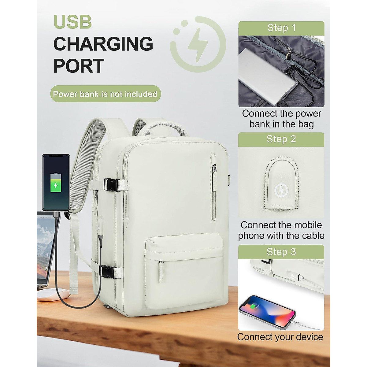 Large Travel Laptop Backpack, Expandable Flight Approved Backpack, Carry on Backpack for Women, Waterproof 17inch Laptop Hiking Backpack with Shoe Compartment, Moon White