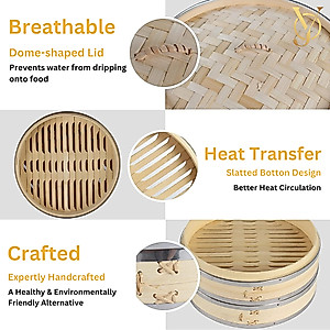 YJ DESIGNS 12 Pcs Stainless Steel Bamboo Steamer Basket Complete Kit- 10 inch (2 Tiers) - Dumpling Steamer Veggie Bamboo basket - Vegetable Food Steamer for Cooking - Rice steamer - Steam Pot Basket