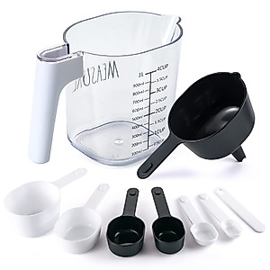 Rae Dunn Measuring Cup Set - 9 PC. Nesting Stackable Liquid Measure Cup, Dry Measuring Cups and Spoons with Funnel and Scraper - Nesting and Clicks Together for Easy Storage (Multi)