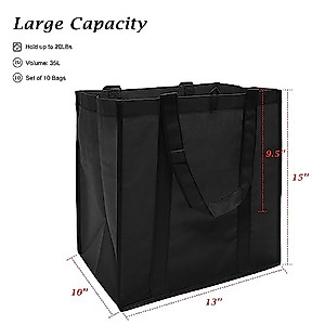 Swotiva Reusable Grocery Bags 10 Pack, Eco-Friendly Tote Bags with Reinforced Handle and Removable Bottom, 15"x13"x10" Large Washable Non-woven Shopping Bags for Groceries Gift Parties, Black