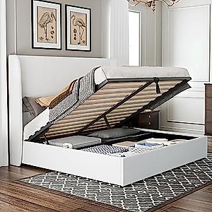 Jocisland Queen Size Lift Up Storage Bed Linen Upholstered Platform Bed Frame/Hydraulic Storage/Modern Wingback Headboard/Wood Slats Support/No Box Spring Needed/White