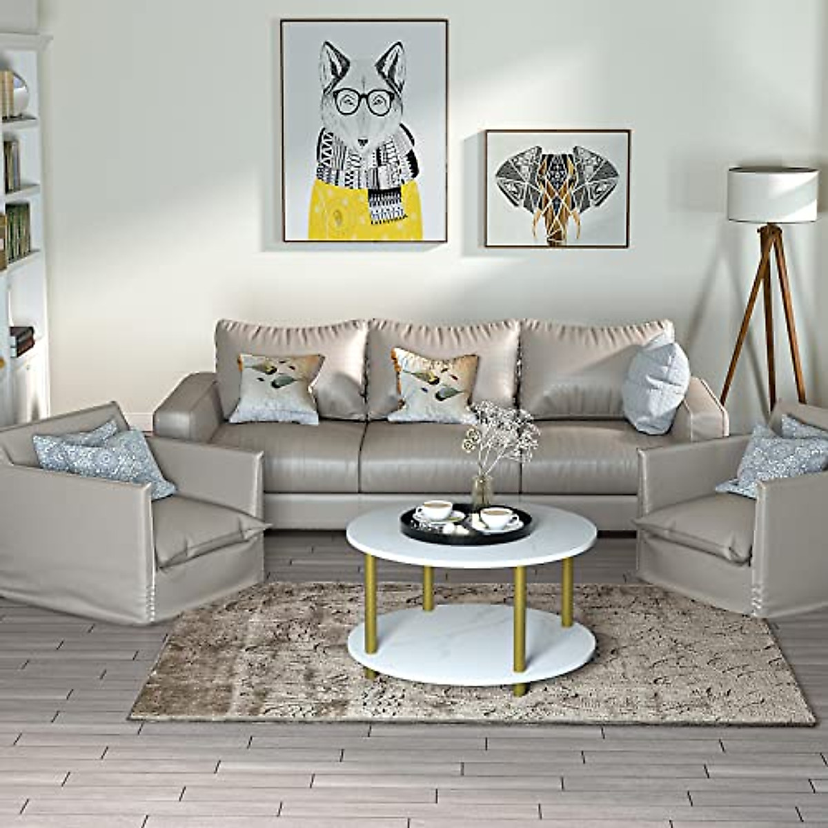 Round Coffee Table for Living Room，31.5’’ 2 Tier Modern Gold Coffee Table with Open Storage Shelf,Gold Metal Legs and White Faux Marble Table Top