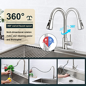 Herogo Kitchen Sink Faucet, Kitchen Faucets with Pull Down Sprayer Brushed Nickel, Stainless Steel High Arc Single Handle Faucet with 1 Hole or 3 Hole Deck Plate for Farmhouse Laundry RV Wet Bar Sinks