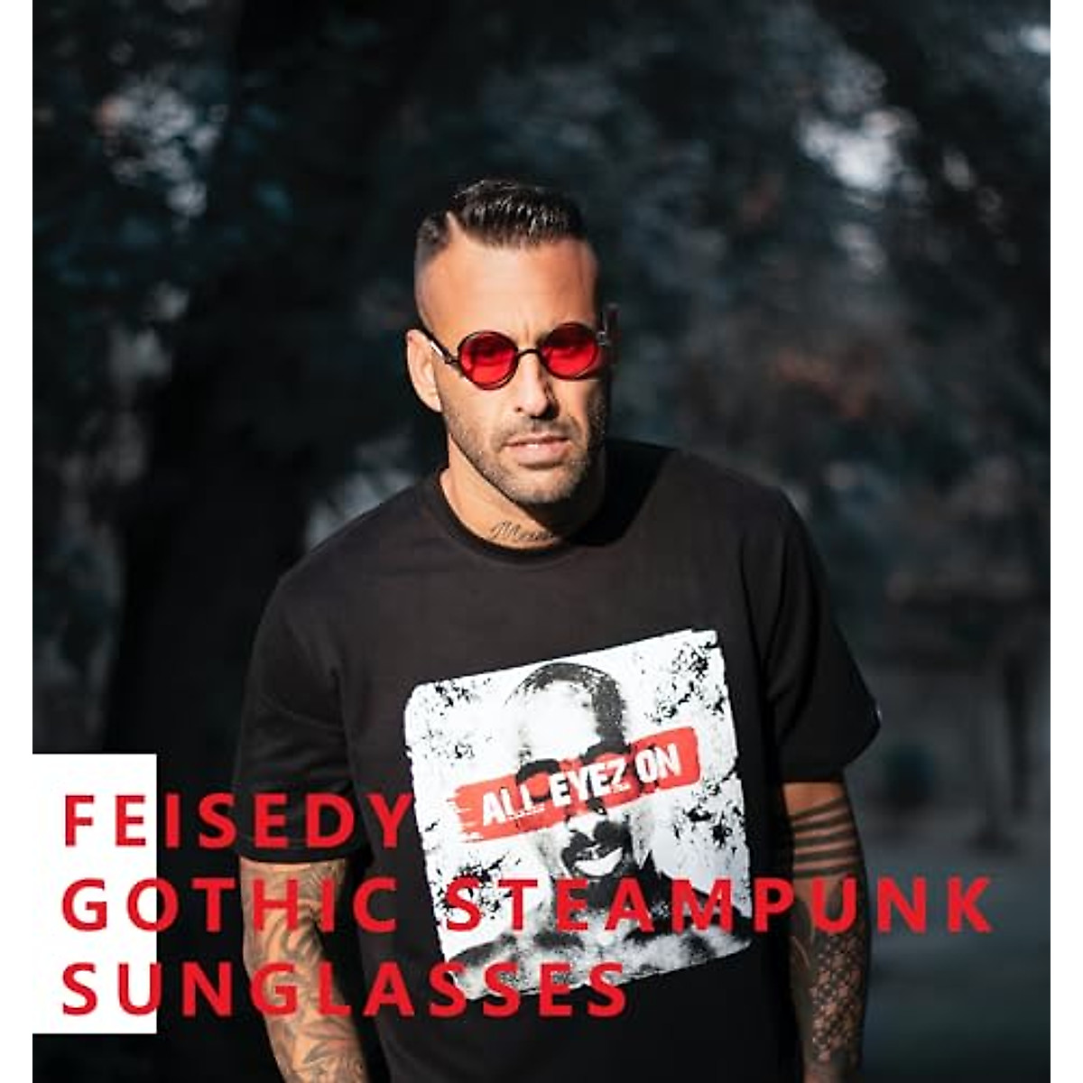 FEISEDY Retro Gothic Steampunk Sunglasses Round Metal Frame Punk Circle Inspired Shade Men B1857