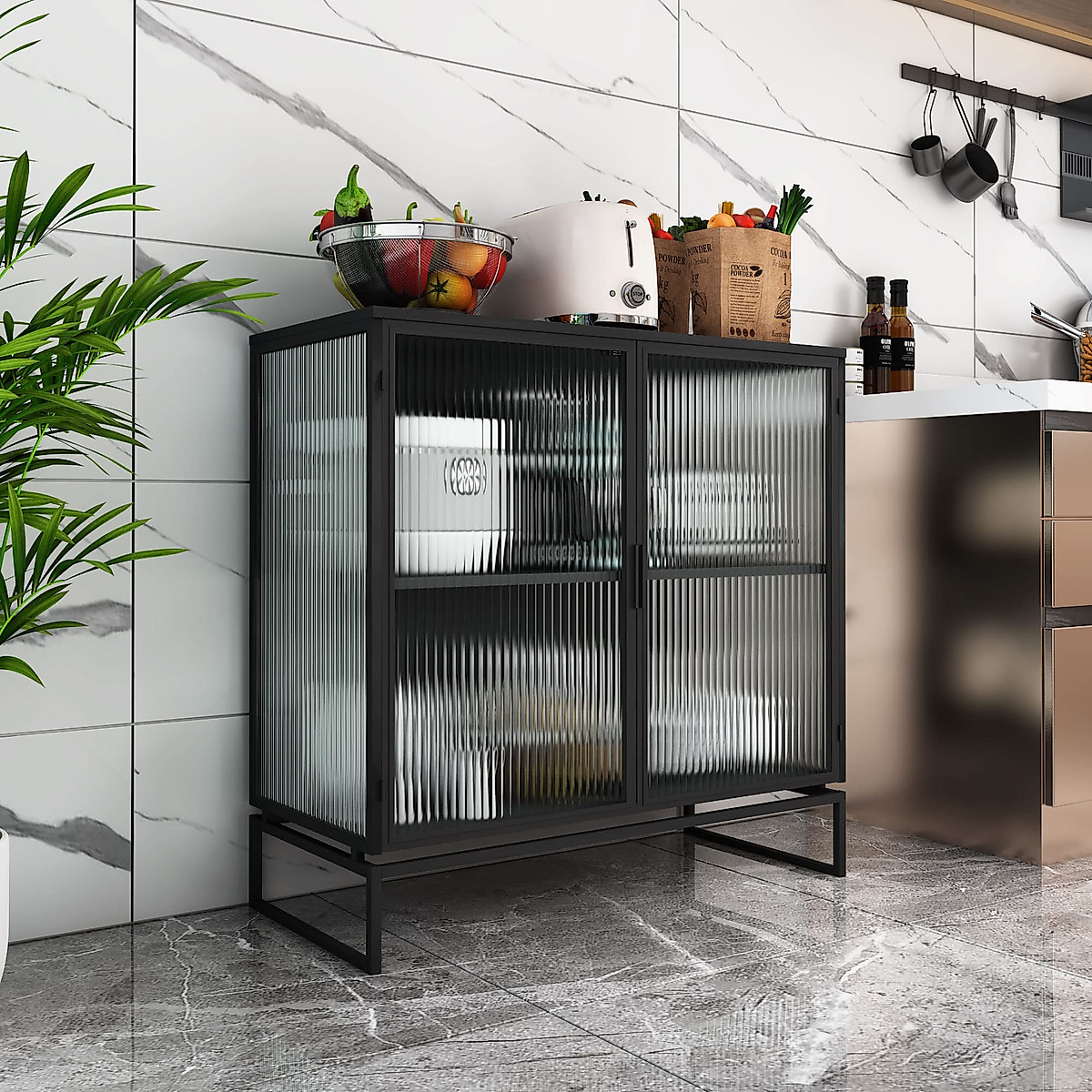 QEIUZON Modern Sideboard Buffet Cabinet, Glass Accent Storage Cabinet Kitchen Console Table TV Stand for Living Room, Dining Room, Bedroom (Black-2 Packs)