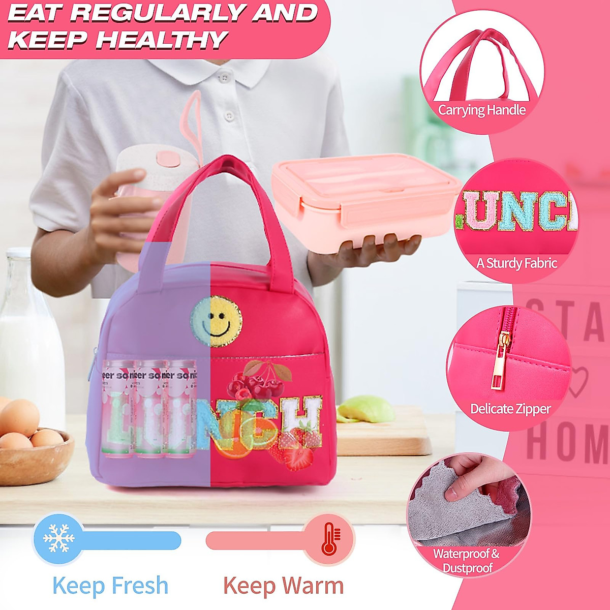 77 Pieces Bento Box Lunch Box Kit Large Pink Insulated Lunch Bag 3 Layer Stackable Leakproof Lunch Box Containers with Cup,Lunch Bag,Spoon,Fork,60 Pieces Lunch Box Notes for Girl Women (Rose Red)