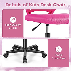 COSTWAY Height-Adjustable Ergonomic Kids Desk Chair, Swivel Armless Task Chair w/Universal Casters, Children Study Chair, Kids Mesh Computer Chair for Teens, Home, Office (Pink)