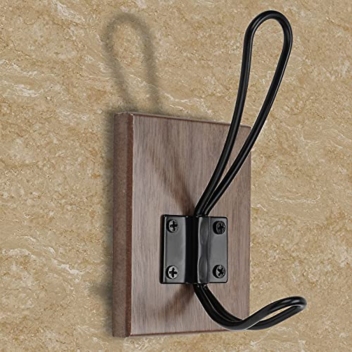 OLBET Farmhouse Towel Hooks for Bathroom Wall Mounted - Rustic Wall Hooks for Hanging Coats - 2 Pack - Retro Iron Wood Hooks - Classical Heavy Duty Hangers for Your House - Walnut Grain