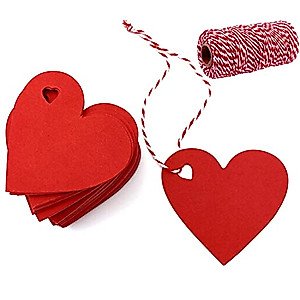 YSSAI 100 Pcs Red Gift Tags Valentine Heart Shaped Paper Tags Red Heart Cutouts Price Tag Craft Hang Tags with 300 Feet String for Valentine's Day Mother's Day Wedding Favor Party Decorations