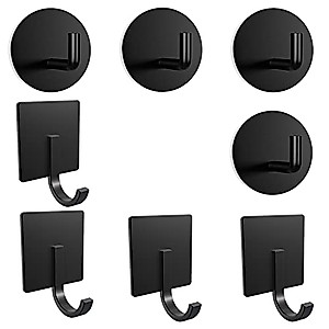 BARONAGE 8 Pack Adhesive Hooks, Towel Hook for Hanging Heavy Duty Waterproof Stainless Steel Robe Coat Hooks Black Wall-Hooks Stick on Bathroom Kitchen Home Door Bedroom