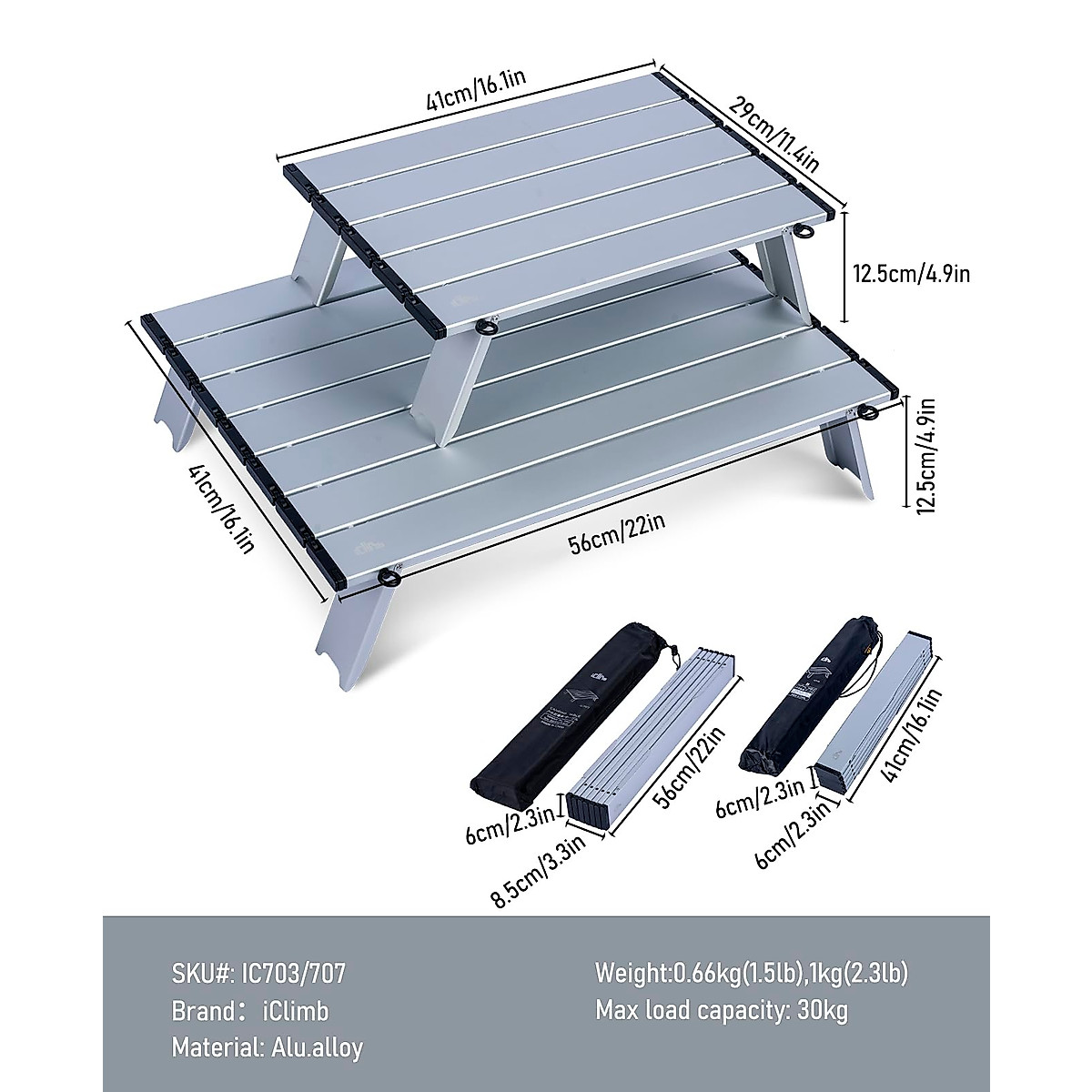iClimb Ultralight Compact Mini Beach Picnic Folding Alu. Table with Carry Bag, Two Size (Silver - S)