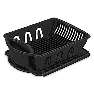Tribello Sink Dish Drying Rack, Heavy Duty Hard Plastic Drying Rack, Dish Drainer for Kitchen Counter with Drainboard Set, with Silverware Holder - 18 x 13 x 6 (Black)
