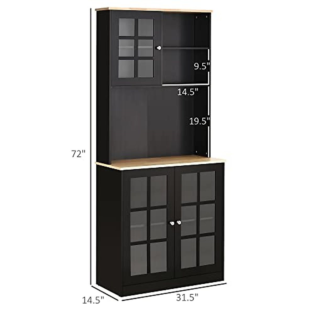 HOMCOM Kitchen Buffet with Hutch, Storage Pantry with 3 Cabinets, 2 Open Shelves and Large Countertop, Black