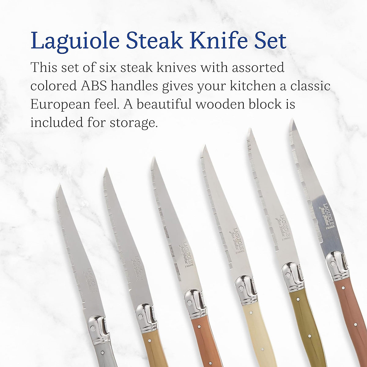 Jean Dubost Laguiole 6-Piece Steak Knife Set, Mineral Handles - 1.2 mm Blades - Rust-Resistant Stainless Steel - Includes Wooden Block - Made in France