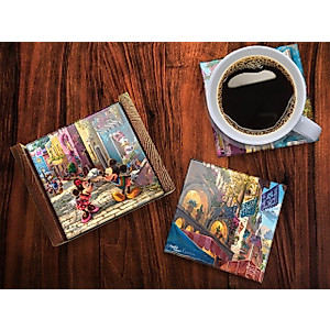 Disney – Mickey and Minnie Mouse in Mexico – Thomas Kinkade Studios – Set of Four 4” x 4” Glass Coasters - Comes with Stylish Modern Wooden Coaster – for Gifting and Collecting