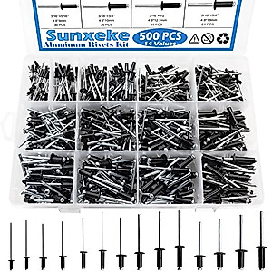 Sunxeke 500pcs Pop Rivets Aluminum Rivets Assortment Kit (3/32 1/8 5/32 3/16 1/4 inch),14 Sizes Assorted Blind Rivets for Assembling RV,Furniture and Plastic Frame Windows(Black)