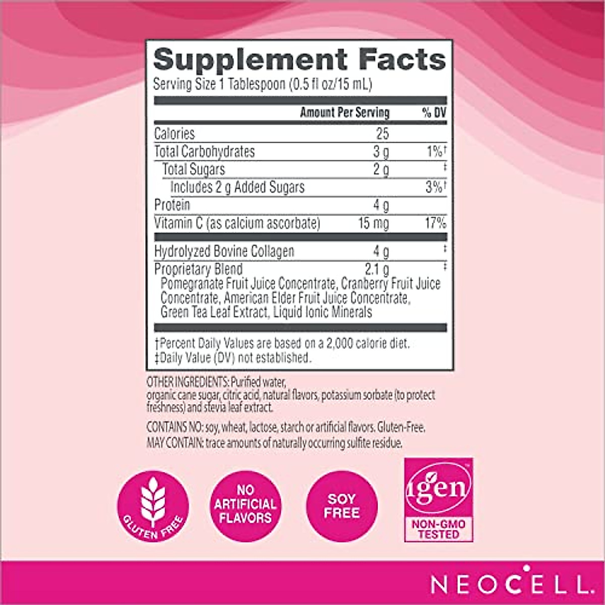 NeoCell Collagen Peptides + Vitamin C Liquid, 4g Collagen Per Serving, Gluten Free, Types 1 & 3, Promotes Healthy Skin, Hair, Nails & Joint Support, Pomegranate, 16 Oz