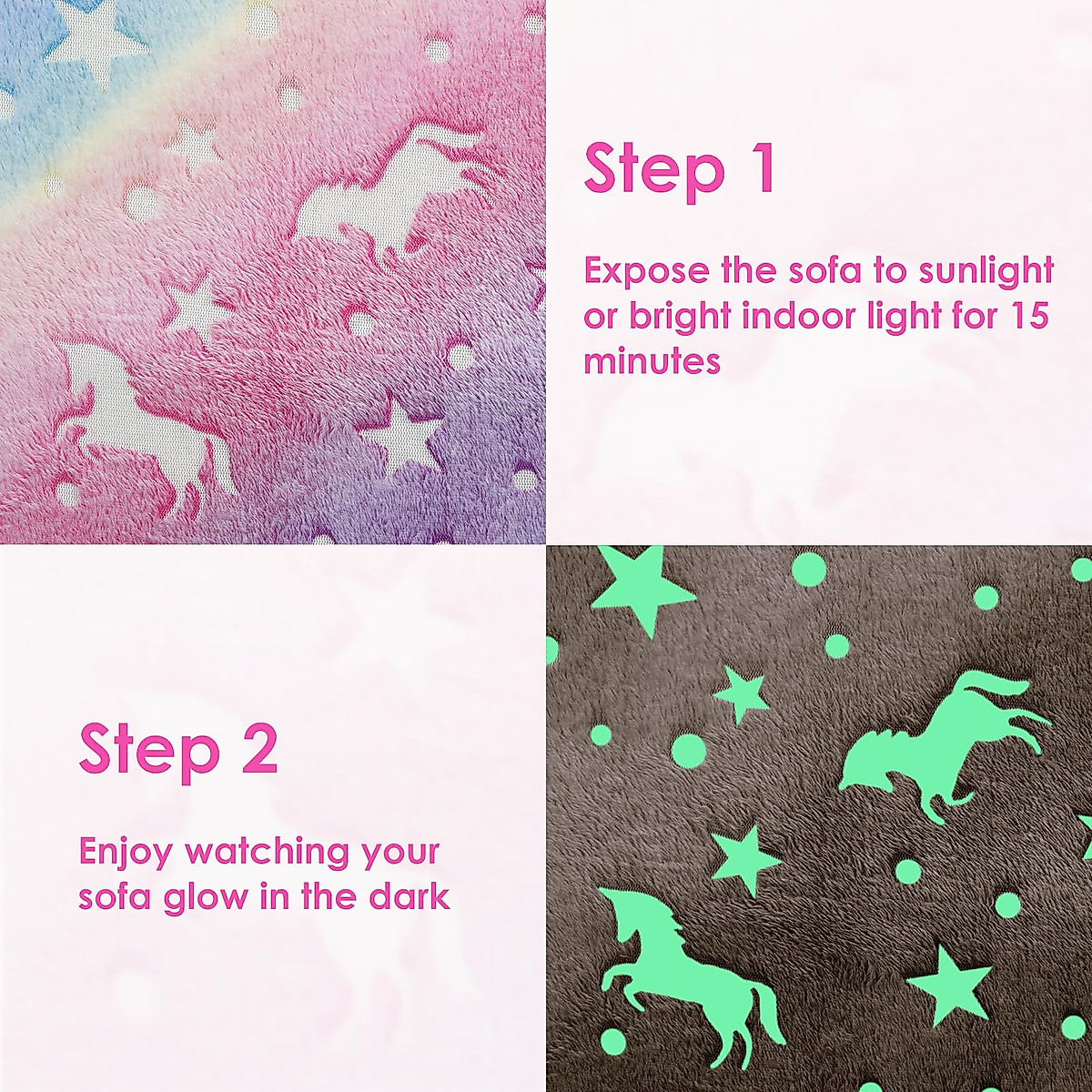 Kids Sofa Glow in The Dark Toddler Chairs Extra Wide 2 in 1 Fold Out Flip Open Baby Convertible Sofa to Lounger,2 Seats Soft Comfy Glowing Foldable Children Armchairs Kids Girls Boys Sofa Bed