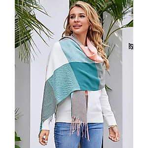 Fuinloth Women's Large Plaid Scarf Fashion Long Shawl Wrap for Winter Warm Lightweight Green Pink
