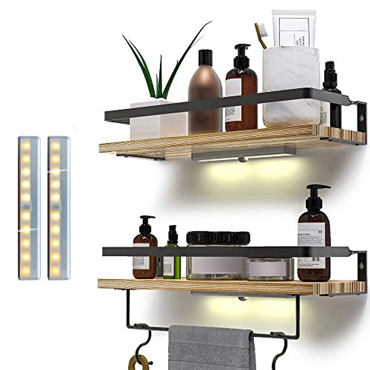 EAVA Floating Shelves, Lighted Wall Mounted Shelves,Paulownia Wood Wall Storage Shelves for Bathroom, Kitchen and Bedroom,Set of 2 with Removable Towel Holder and Hooks.
