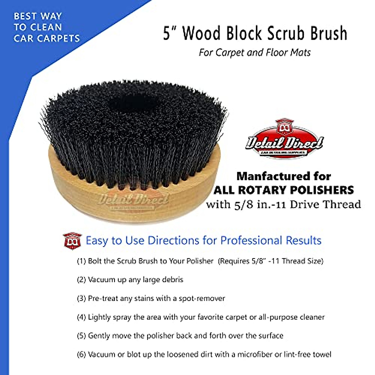 DETAIL DIRECT Carpet Shampoo Scrub Brush, 5'' Wood Block Brush for Rotary Buffers - Polishers