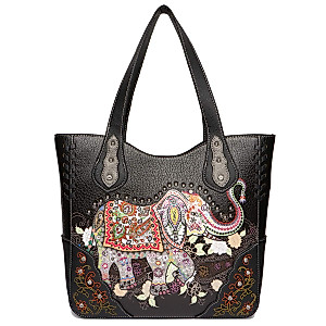 Elephant Rhinestone Studded Western Style Concealed Carry Purse Handbag Women Shoulder Bag Wallet Set (Black Set)