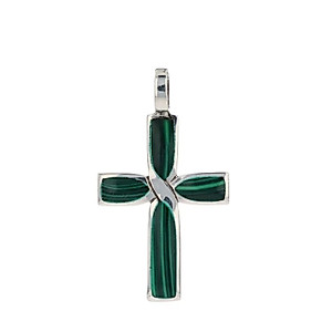 Jewelry Trends Sterling Silver Cross Pendant with Green Created Malachite Stone