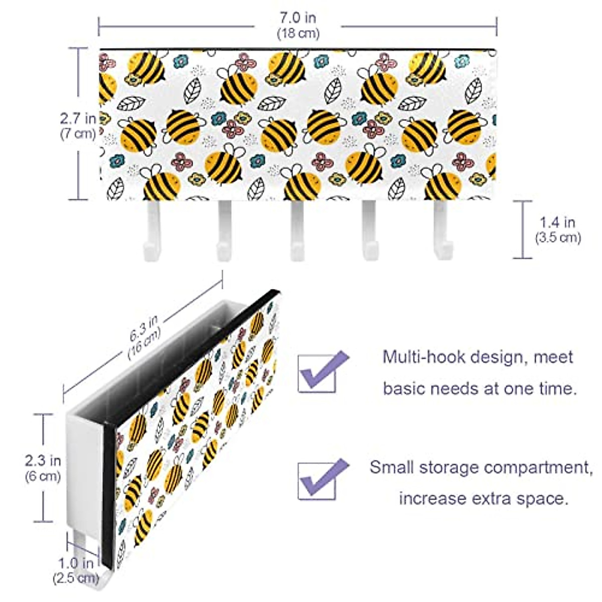 Cute Cartoon Bees Pattern Rack Organizer with 5 Hooks Wall Bathroom Kitchen Shelf Rack Multifunctional Storage Shelf