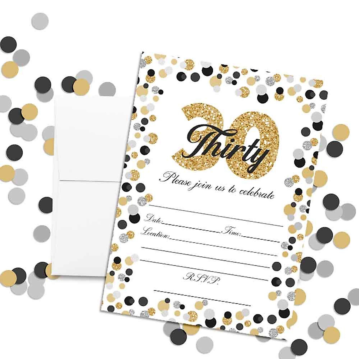 Confetti Polka Dot 30th Birthday Party Invitations, 20 5x7 Fill In Cards with Twenty White Envelopes by AmandaCreation