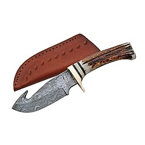 Damascus Szco Supplies 9.5"" Steel Gut Hook Skinning Knife with Sheath, Multi, one Size (DM-1008)