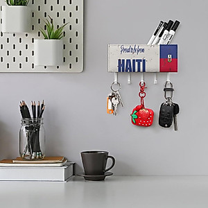 Proud to Be from Haiti Key Holder for Wall, Haiti National Flag Mail Holder and Key Rack for Entryway,Rustic Key Hangers with 5 Hooks, Wall Mount for Entryway, Mudroom, Hallway