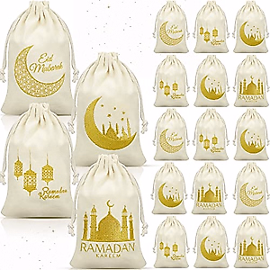 24 Pcs Ramadan Burlap Bags Eid Mubarak Goody Bags Linen Drawstring Gift Bags Islamic Gifts Small Drawstring Pouch Eid Goodie Bags for Muslim Eid Mubarak Party Decorations, 4.7 x 7.8 Inches/ 12 x 20 cm