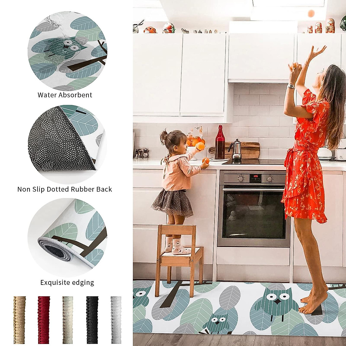 Shine-Home Non-Slip Kitchen Rugs Set of 2 Animal Owl Plant Illustration,Water-Absorbing Runner Carpet Area Mat for Bedroom Bathroom Indoor Use Rubber Backing Accent Throw Washable,White Extra Long