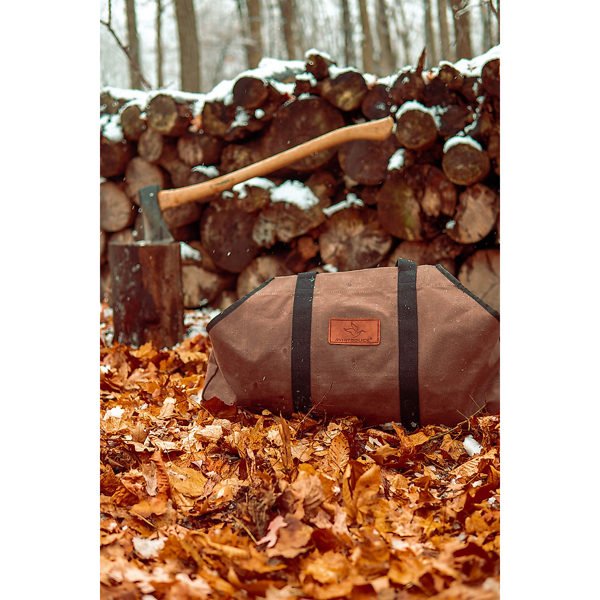 WHITEDUCK TUFF Large Firewood Carrier 21 Oz. Heavy Duty Waxed Canvas Log Carrier Holder for Fireplace, Carrying Wood Indoor & Outdoor (Brown, Boat Shape (26"x17"x9"))