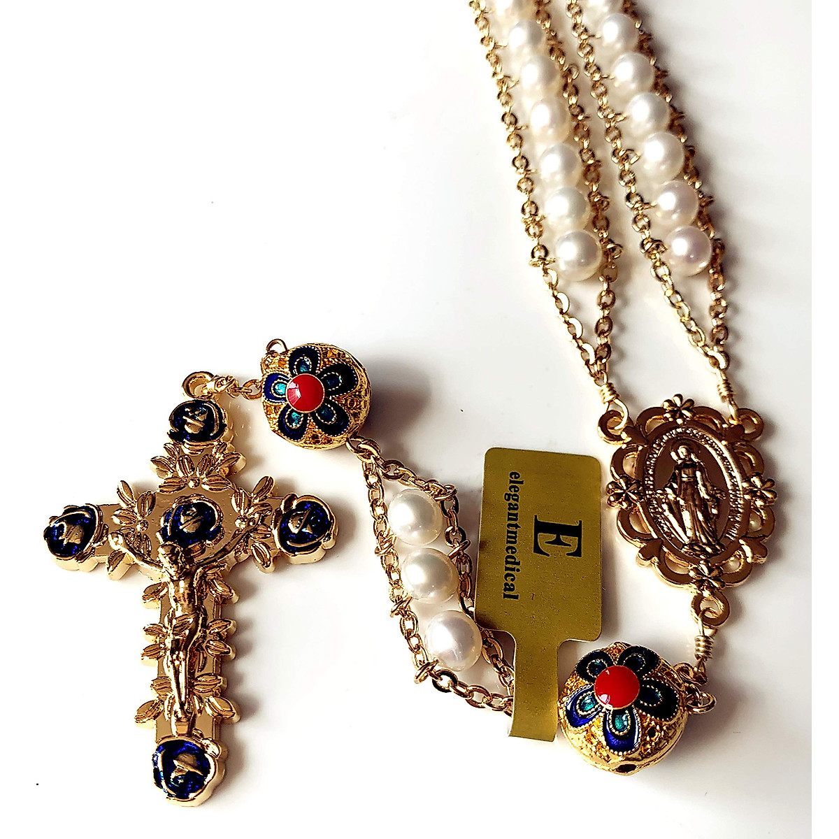 elegantmedical handmade 18KGold-plated Ladder to Heaven pearl & Enamel Beads Catholic Rosary crucifix Necklace box