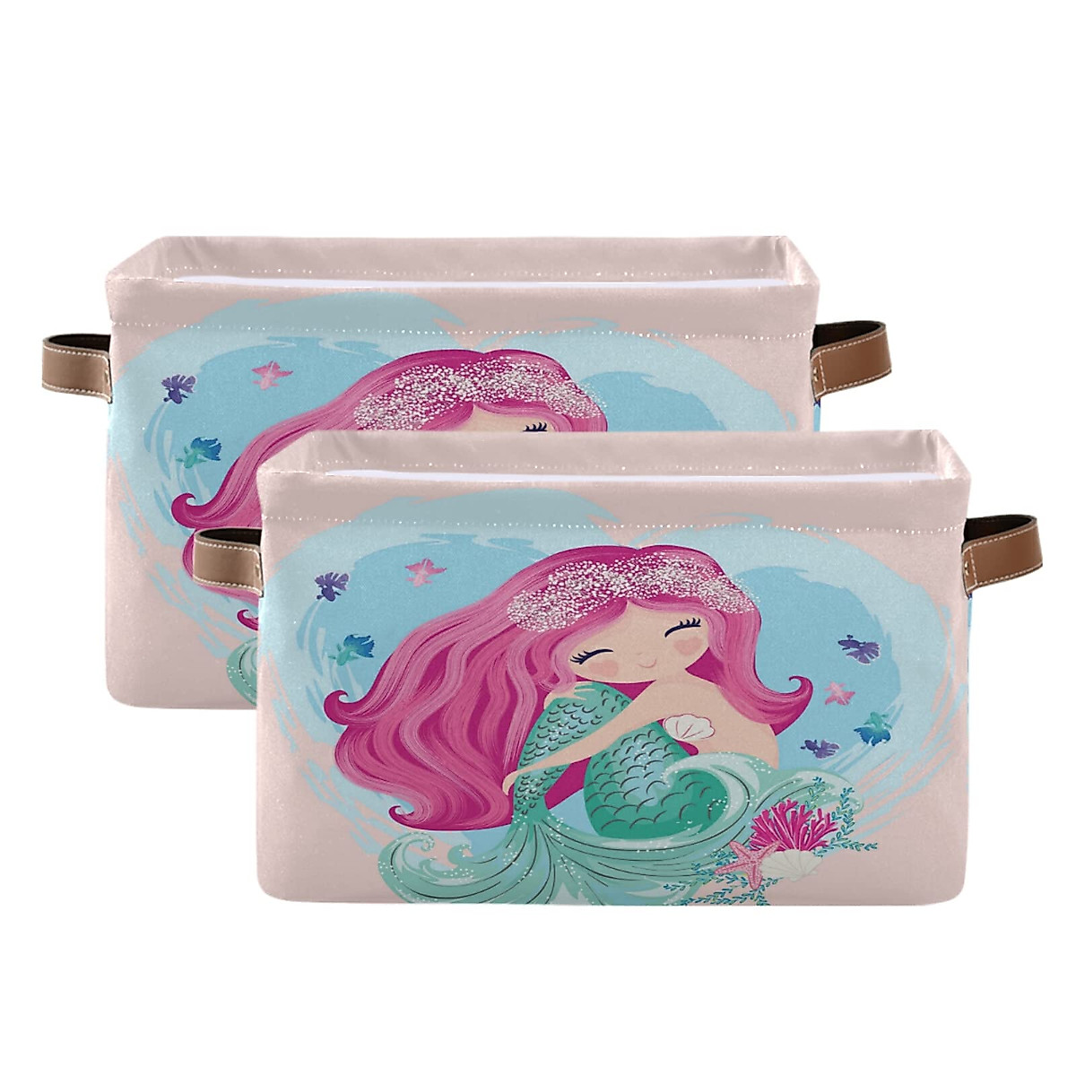 FZDXZJJ Cute Ocean Mermaid Storage Basket Bins, Sea Fish Starfish Decorative Baskets Storage Box Collapsible Storage Cubes Organizer with Handles for Nursery Shelf Closet Office Home Bedroom, 2 Pack