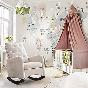 JEEOHEY Nursery Rocking Chair, Modern Upholstered Button Tufted Fabric Rocker Glider Chairs Single Sofa Armchair w/Solid Wood Legs, Side Pockets for Nursery Room, Living Room, Beige