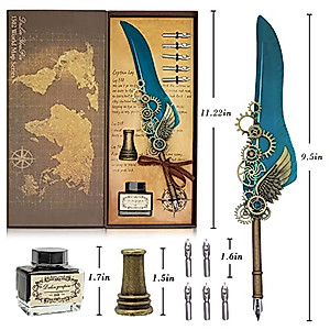 Jubapoz Feather Pen Calligraphy Pen and Ink Set Antique Quill Pen Refillable Ink Dip Pens for Writing, Drawing, Signature, Wedding, Birthday Gifts, Retro Decoration (Green)