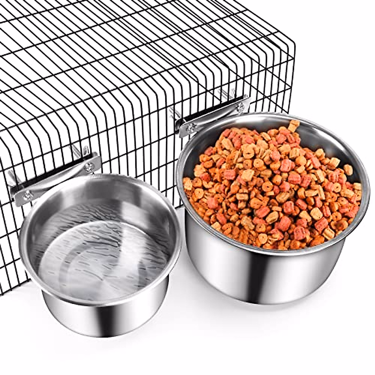 Dog Food & Water Bowl, ShineMe 2 Pack Stainless Steel Pet Bowls for Dogs and Cats Hanging in Cage Crate Kennel, Non-Slip Metal Feeder for Medium and Large Pets (7.1 * 3.5” & 5.5 * 3.2”)