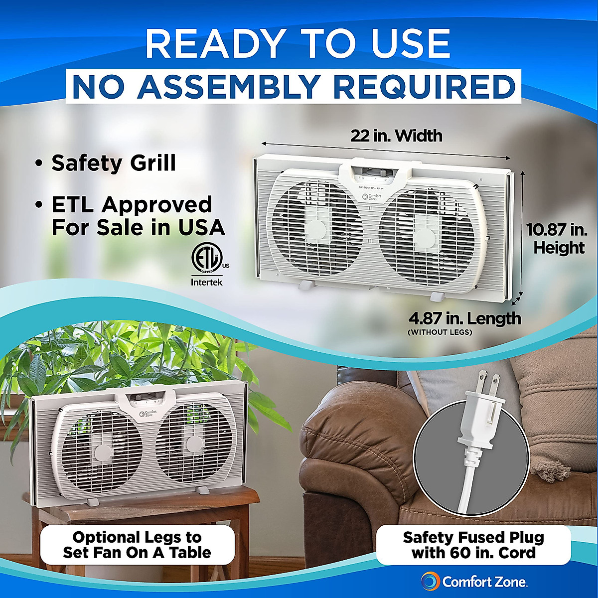 Comfort Zone Twin Window Fan with Quiet Setting, Reversible Airflow Control, 9 inch, 3-Speeds, Expandable, Exhaust, Dual Fan, Airflow 9.84 ft/sec, Ideal for Home, Kitchen, Bedroom & Office, CZ319WT2