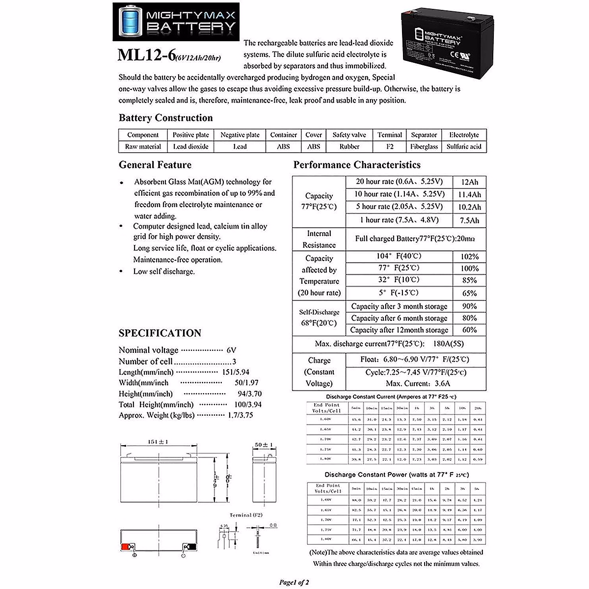 ML12-6F2 - 6 Volt 12 AH, F2 Terminal, Rechargeable SLA AGM Battery