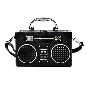 CLARA Vintage Radio Shaped Crossbody Bag Clip Clasp Shoulder Bag PU Leather Top Handle Purse Black