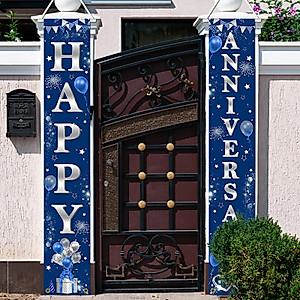 Avezano Happy Anniversary Door Banner Navy Blue Silver Anniversary Porch Signs Welcome Hanging Banner for Wedding Anniversary Party Decorations