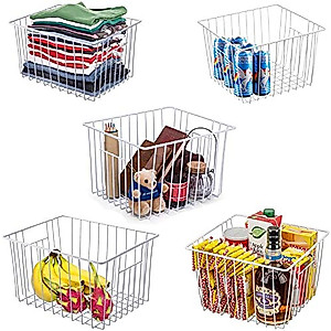 Slideep 11'' Farmhouse Freezer Food Storage Organizer Baskets Modern Refrigerator Metal Wire Basket Bin with Built-in Handles for Kitchen, Pantry, Bathroom, Cabinets, White -Set of 6