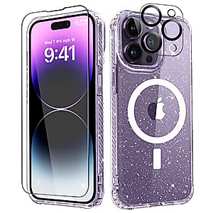 MIODIK Magnetic Glitter Case for iPhone 14 Pro with Screen Protector + Camera Protector, [Compatible with MagSafe] [Non-Yellowing] Shockproof Protective Slim Women Bumper Phone Cover 6.1" (Clear)