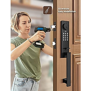 Tinewa Smart Entry Door Lock Set, Electronic Full Escutcheon Door Handle, Digital Keypad Deadbolt with App, Heavy Duty Black Front Door Handle with Single Cylinder Deadbolt, Auto Locking